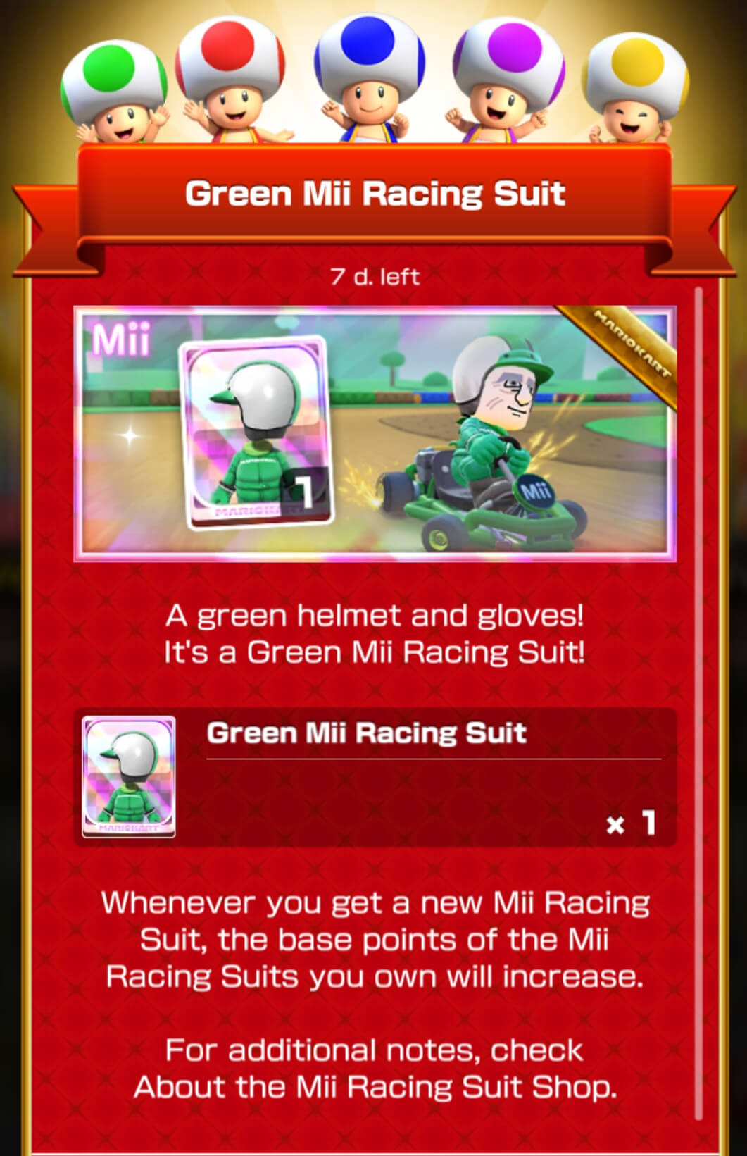 File:MKT Tour106 Mii Racing Suit Shop Green.jpg - Super Mario Wiki, the ...