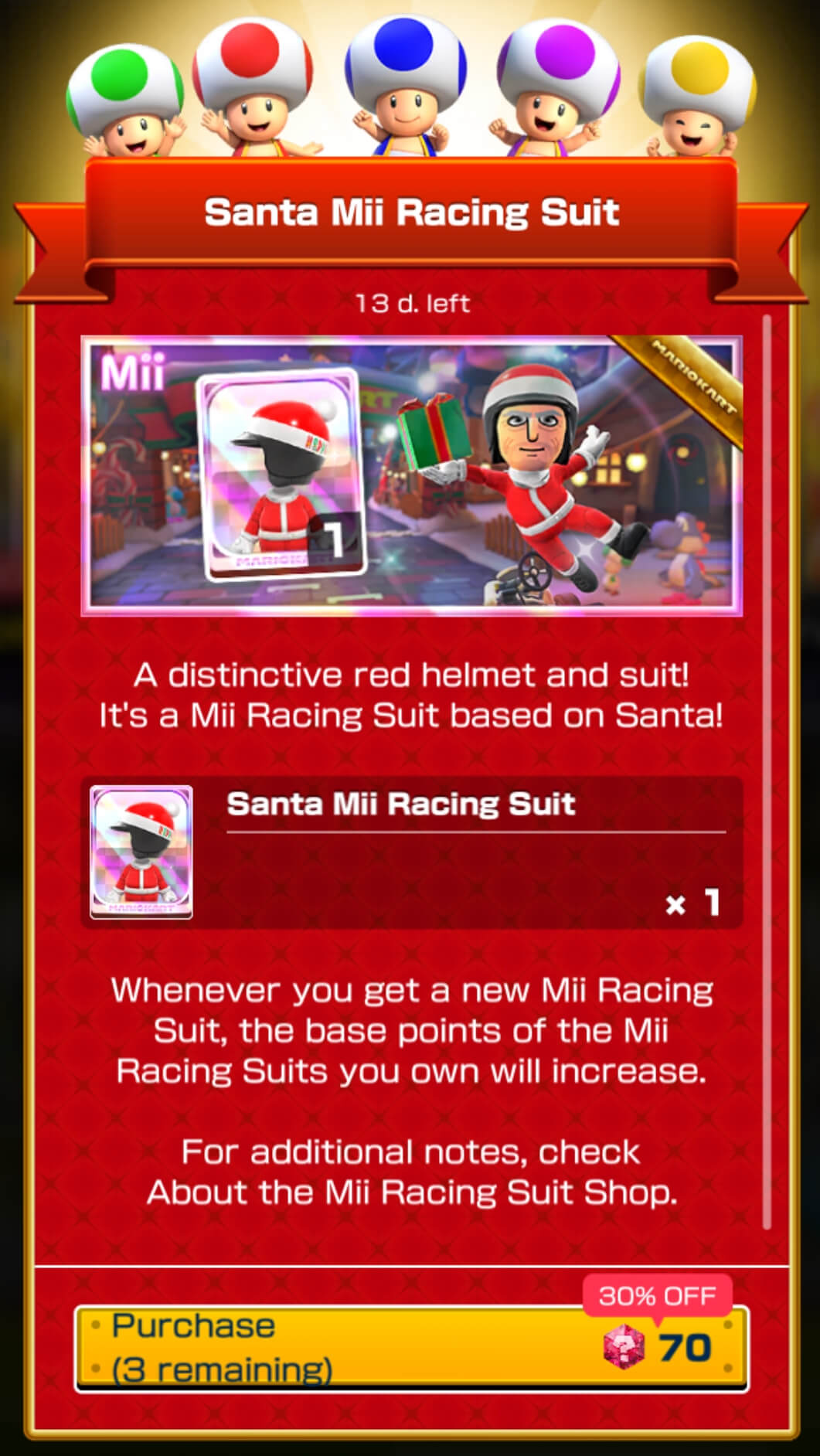 File:MKT Tour111 Mii Racing Suit Shop Santa.jpg - Super Mario Wiki, the ...